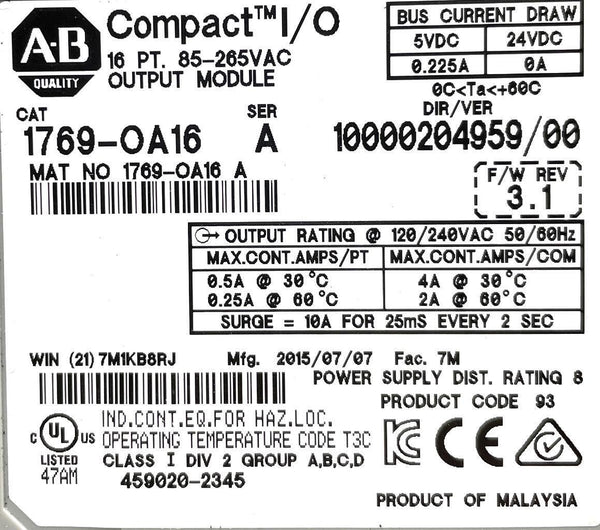 Allen-Bradley 1769-OA16 Ser. A CompactLogix Output Module 85-265VAC 16