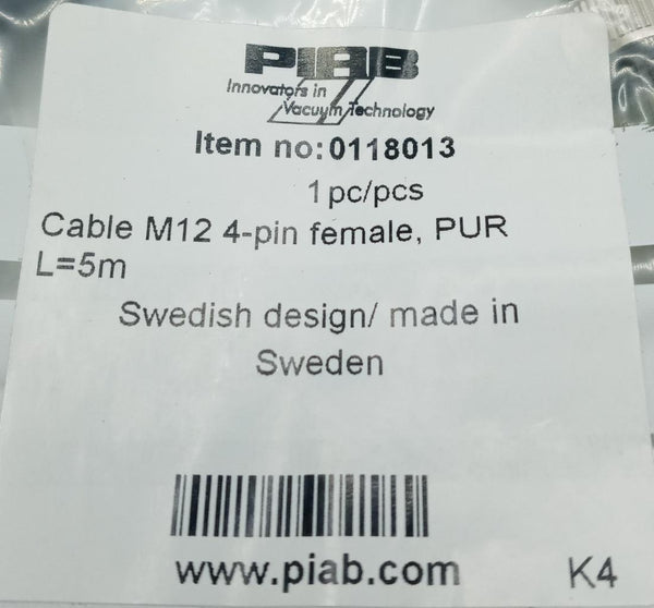 PIAB 0118013 4-Pin Female M12 Cable 16.4FT/5M Length