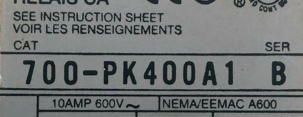 Allen-Bradley 700-PK400A1 Series B; AC Industrial Relay 115/120V AC 60