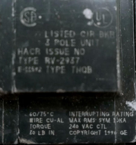 General Electric RV-2937 3 Pole Circuit Breaker 30A 240VAC