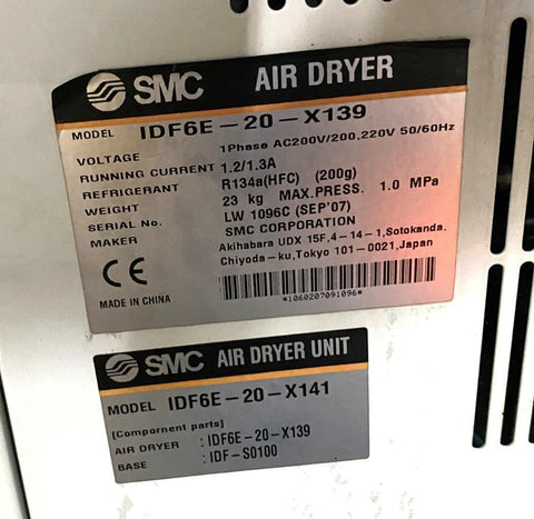 SMC IDF6E-20-X139 Refrigerated Air Dryer 220V 1 Phase 1DF6E-20-X141