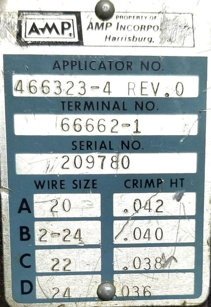 AMP 466323-4 Side Feed Terminal Tool Press Applicator 66662-1 Rev-0