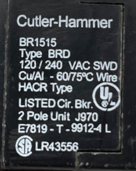 Cutler-Hammer BR1515 2-Pole Twin Circuit Breaker 15/15A 120/240V 1 Pha