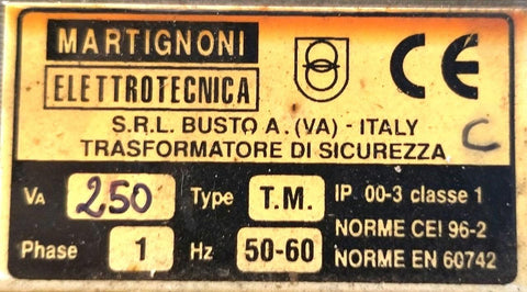 Martignoni Elettrotecnica EN-60742 Transformer CEI-96-2 250Va Type T.M