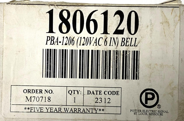 Potter PBA1206 6" Fire Alarm Bell Red 120VAC 1806120