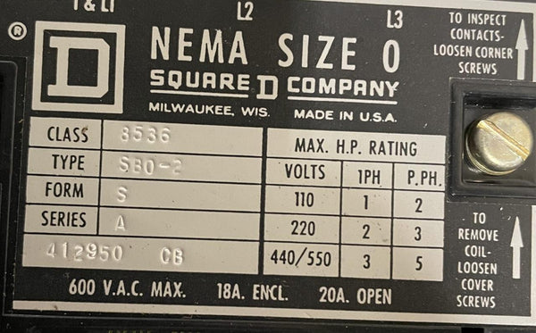 Square D Class 8538 Type SBG-11 Non-Reversing Combination Starter 30A