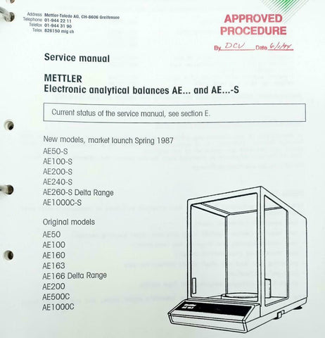 Mettler Toledo Electronic Analytical Balances Model AE & AE-S Service
