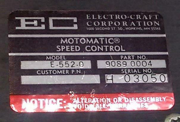Electro-Craft E-552-0 9089 0004 Motomatic Speed Control