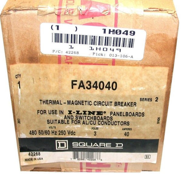 Square D FA34040 480V 40A 3-Pole Circuit Breaker NIB