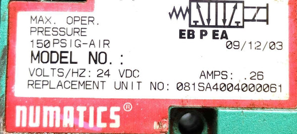 Numatics 081SA4004000061 Valve 150PSI 24VDC .26A W/ 225-239B Coil 24VD