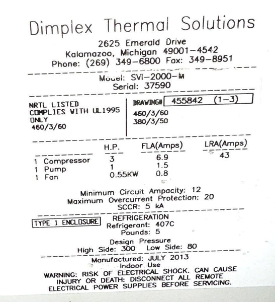 Dimplex SVI-2000-W Koolant Koolers Chiller 3 HP 460V 3 Phase