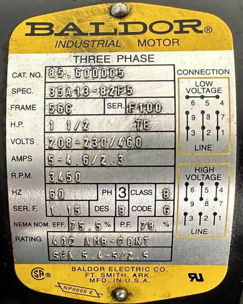 Baldor 85.600005 Electric Motor 1.5 HP 3450 RPM 56C 208-230/460V 3 Pha