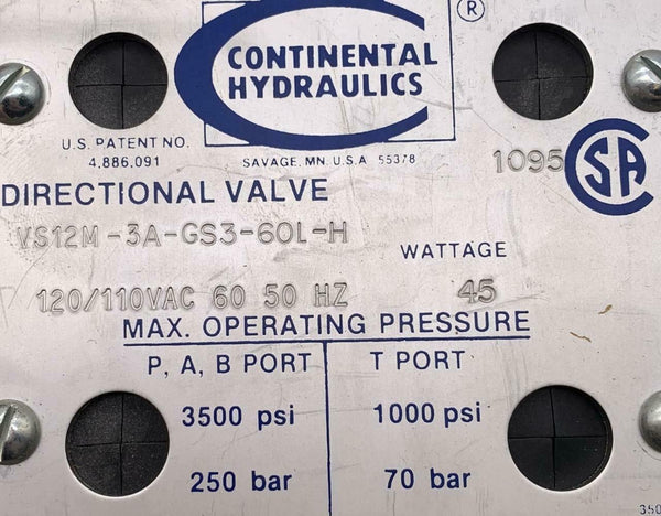 Continental VS12M-3A-GS3-60L-H Directional Valve 110/120 VAC 45 Watts