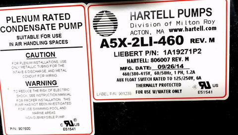 Liebert Hartell 1A19271P2 Plenum Rated Condensate Pump 460 Volts A5X-2