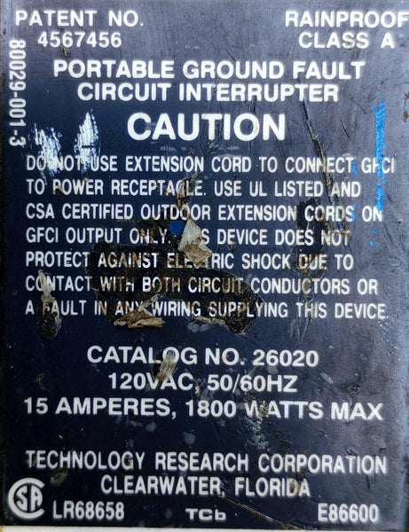 TRC 26020 Portable Ground Fault Circuit Interrupter Rainproof 120VAC 1
