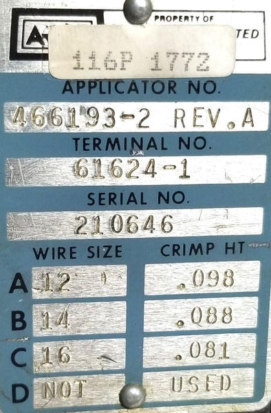 AMP 466193-2 Side Feed Terminal Tool Press Applicator 61624-1 Rev-A ...