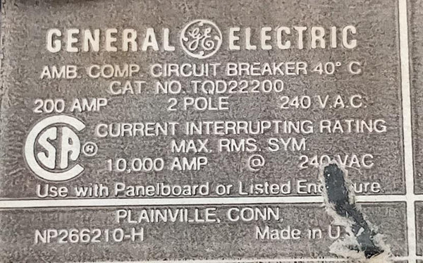 General Electric TQD22200 2 Pole Circuit Breaker 200A 240VAC – Surplus ...