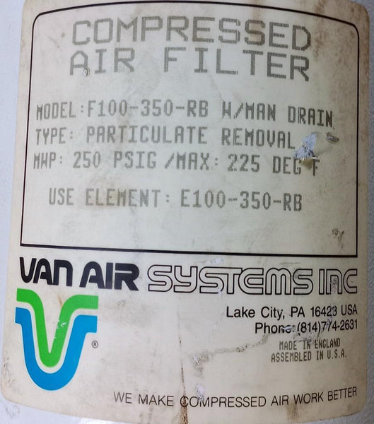 Van Air Systems F100-350-RB Compressed Air Filter W/ Man Drain 250 PSIG ...