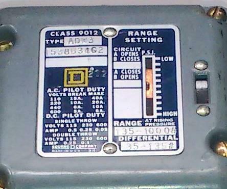Square D 9012ADW3 Pressure Switch 135 to 1000 PSI
