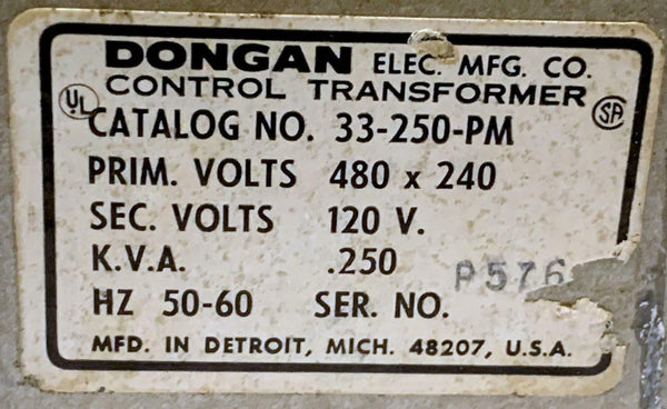 Dongan Electric 33-250-PM Control Transformer 480 X 240 Volts 0.250 KV