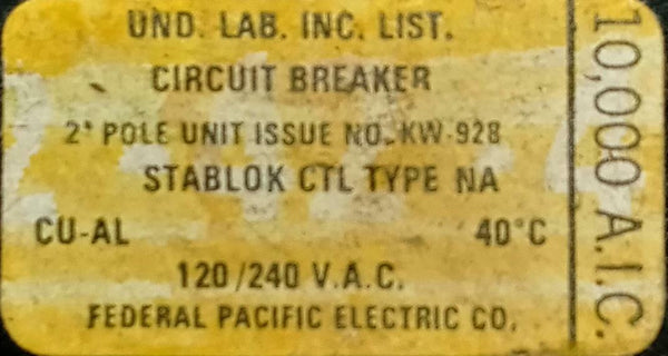 Federal Pacific Electric NA220 Stab-Lok 2 Pole Circuit Breaker 20A 120