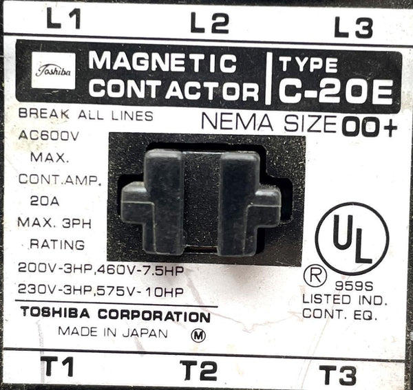 Toshiba C-20E NEMA Size 00+ Magnetic Contactor 110/120V Coil W/ R-20E