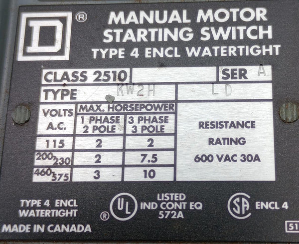 Square D 2510 KW2H Series A Manual Motor Starting Switch NEMA Type 4 W
