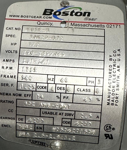 Boston Gear FUTF-B Electric Motor 1/2 HP 1725 RPM 56C 208-230/460V 3 P