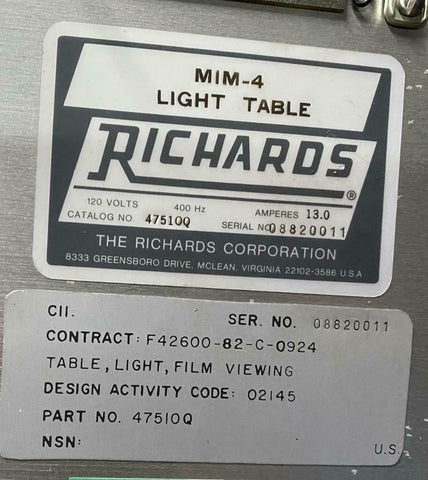 Richards MIM 4 Film Viewer Light Table 120V 400 Hz 13A 47510Q