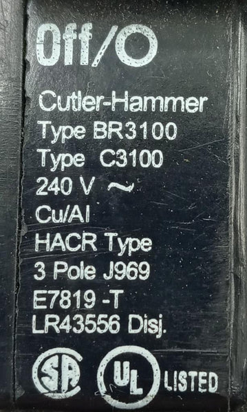 Cutler-Hammer BR3100 3 Pole Circuit Breaker 100A 240VAC Plug On Mount