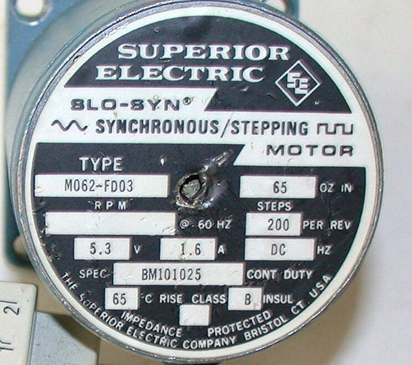 SUPERIOR ELECTRIC SLO-SYN STEPPER MOTOR 1.6 AMP MODEL M062-FD03 (2 AVA