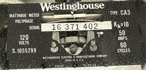 Westinghouse Polyphase Watthour Meter Type CA3 120V 50A 60 Hz Vintage