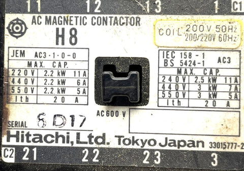 Hitachi H8 AC Magnetic Contactor 600VAC 200/220V 50/60HZ Coil | Surplus ...