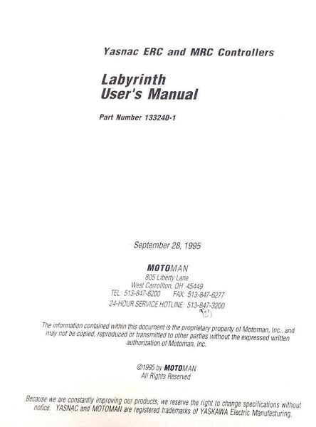 Motoman Yasnac ERC & MRC Controller Labyrinth User's Manual