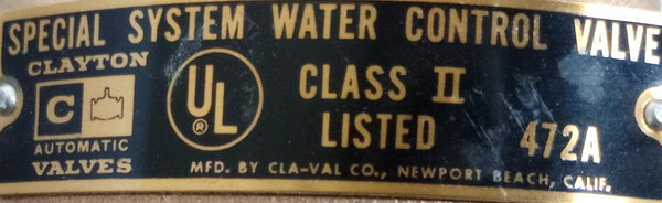 Clayton 472A Special System Pressure Reducing Water Control Valve 600