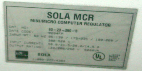 Sola 63-23-260-8 MCR Mini/Micro Computer Regulator Transformer 1000 VA ...