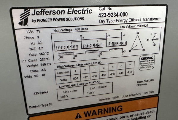 Jefferson Electric 423-9234-000 Transformer 75 KVA Dry Type 3 Ph 480V-