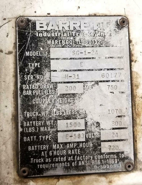 Barrett SG-1-24 Electric Tugger 24 V 750 LBS Max