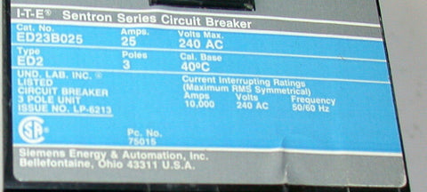 SIEMENS ITE 25 AMP SENTRON SERIES CIRCUIT BREAKER MODEL ED23B025