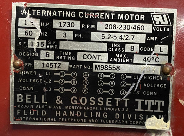 Bell & Gossett M98558 Motor 1.5 HP 1730 RPM 230/460V