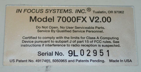 IN FOCUS SYSTEMS 7000FX V2.00 LCD PROJECTOR - SOLD AS IS