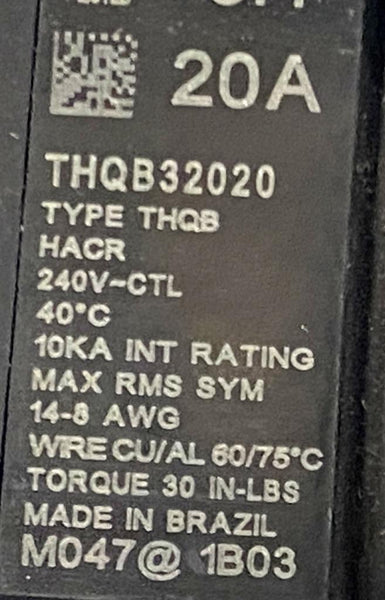 General Electric THQB32020 Circuit Breaker 20A 3 Pole Bolt on 240V