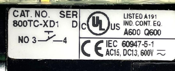 Allen-Bradley 800TC-XD1 Series D Green Push Button W/ Contact Block Fa