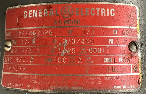 General Electric 5K42HG2696 Motor 1/2 HP 230/460V 3 Phase w/ Stearns B