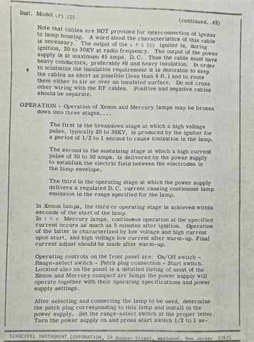 Schoeffel LPS 255 Lamp Power Supply Instruction Manual
