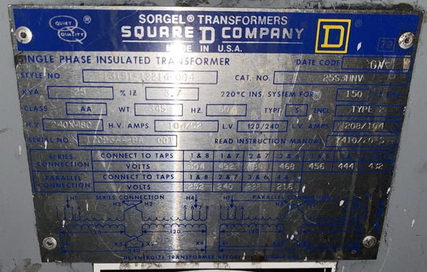 Square D 25S3HNV 25 KVA Transformer 240x480V Primary 120/240V Secondar