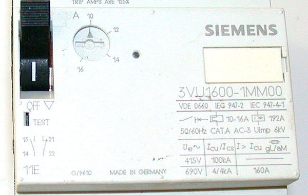 SIEMENS MOTOR OVERLOAD RELAY 10-16 AMP MODEL 3VU1600-1MM00