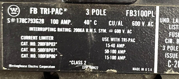 Westinghouse FB3100PL 3-Pole Tri-Pac Circuit Breaker 100A 600VAC 3 Pha ...