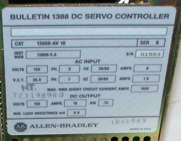 New Allen Bradley 1388B-AV 10 DC Servo Drive Controller Ser. B NO BOX