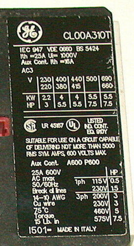GE MOTOR STARTER OVERLOAD COMBO MODEL CL00A310T RTM1J